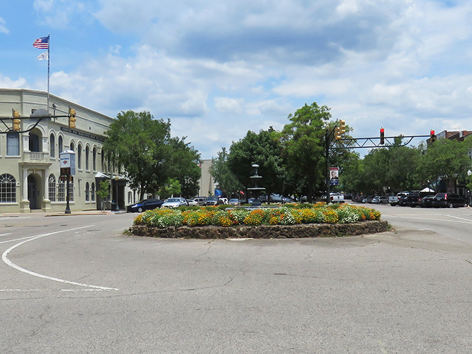 Aiken's downtown roundabout blooms with flowers and Southern charm, creating a colorful welcome mat for visitors and locals alike.