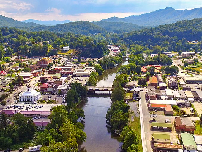 Bryson City seen from above reveals its perfect placement—a mountain town that found the sweetest spot in the valley.