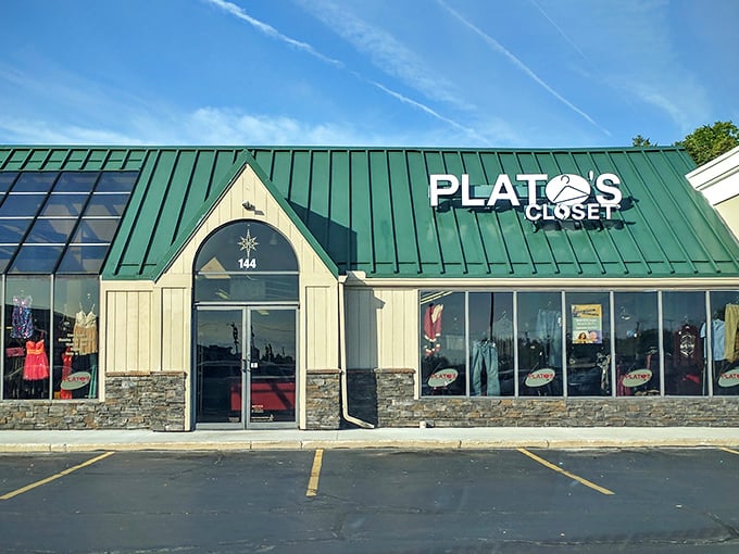 Plato's Closet's distinctive green roof signals you've arrived at teen fashion central—where yesterday's mall splurges become today's affordable finds.