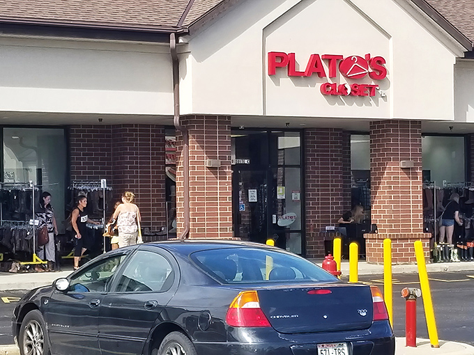 Plato's Closet's distinctive signage stands out like a fashion beacon. Where teen trends get a second chance at reasonable prices.