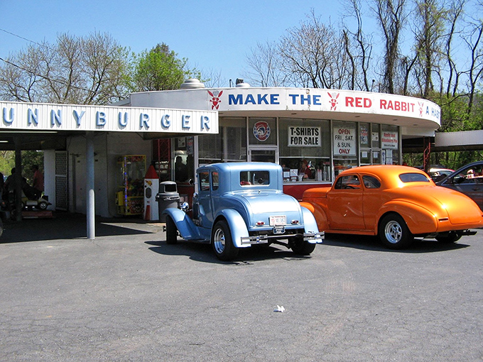 Classic cars frame the iconic Red Rabbit Drive-In – a time capsule of Americana serving burgers that never went out of style.