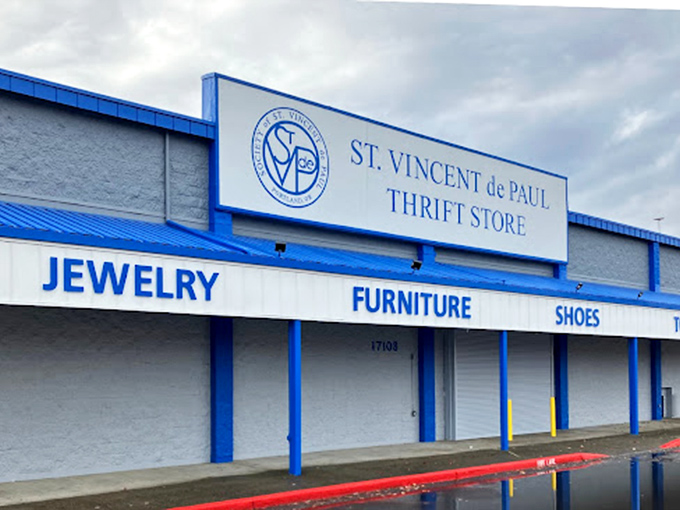 St. Vincent de Paul's blue-trimmed storefront clearly advertises what treasures await inside. No treasure map needed for this hunt!