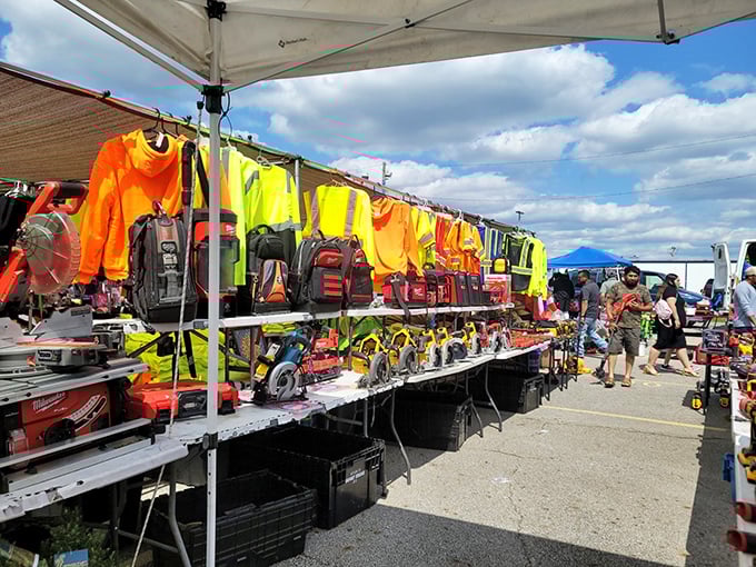 Westland's outdoor vendors create a sea of potential under open skies—where safety vests and power tools find new purpose.
