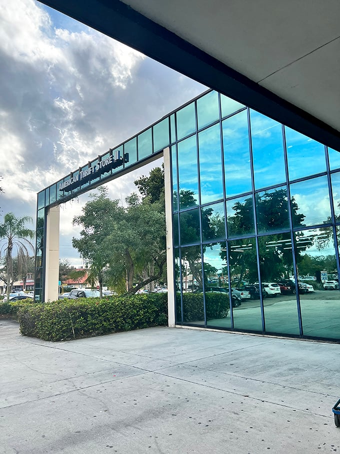 Sunlight plays off the modern architecture of American Thrift Store. This isn't just a shop—it's a cathedral of consignment.