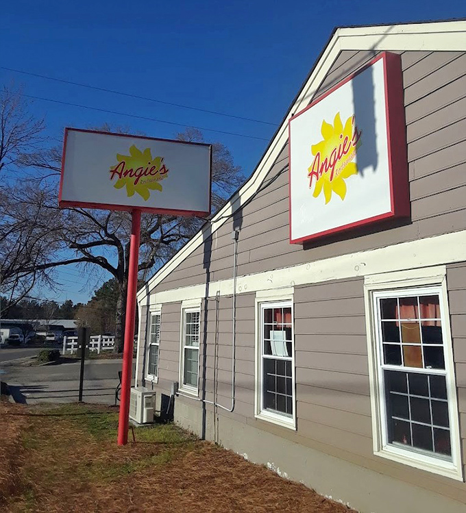 Small-town charm radiates from Angie's simple exterior – where breakfast feels like Sunday morning at grandma's house.