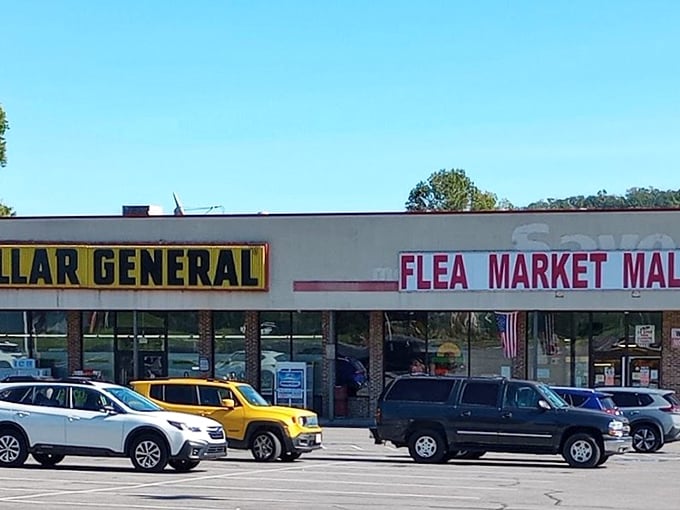 Nestled beside Dollar General, this flea market understands value. Two discount destinations, one parking lot—now that's efficiency!