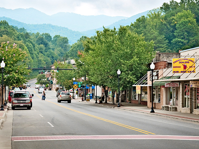 The main street of Bryson City invites you to park the car and explore on foot—every doorway promising a new discovery.