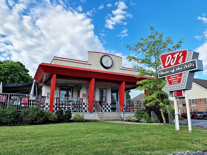DJ's Taste of the 50's bold red columns and retro sign are like a wink to a time when burgers came wrapped in paper, not regret.