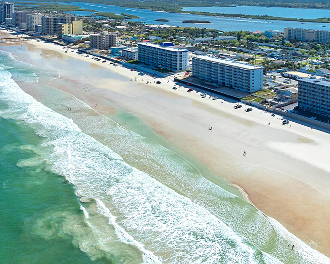 The iconic Daytona Beach shoreline—where the Atlantic meets affordable living and the occasional race car.