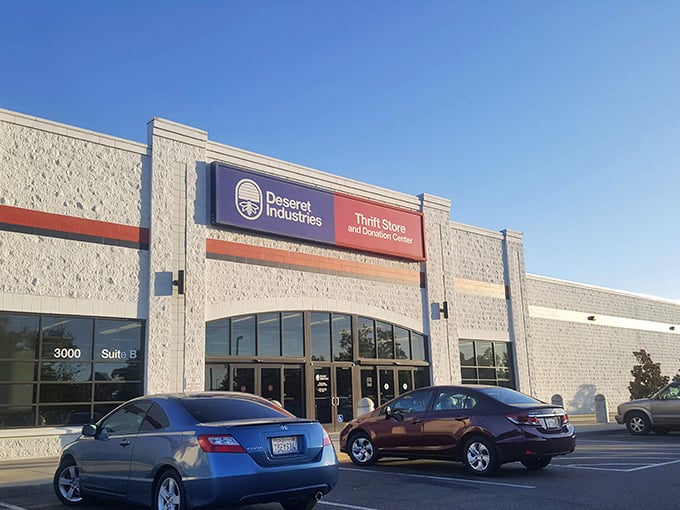 The clean lines and neutral tones of Deseret Industries' exterior hide a colorful world of thrifted treasures waiting to be discovered.