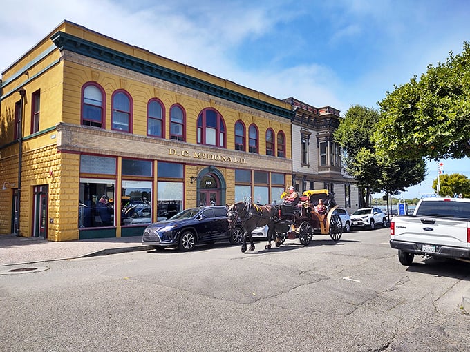Historic downtown Eureka charms with its yellow-brick buildings and horse-drawn carriages—affordable small-town living with character to spare.