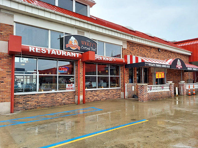 Rain-slicked pavement leads to sandwich nirvana at Wigley's – where corned beef dreams come true.