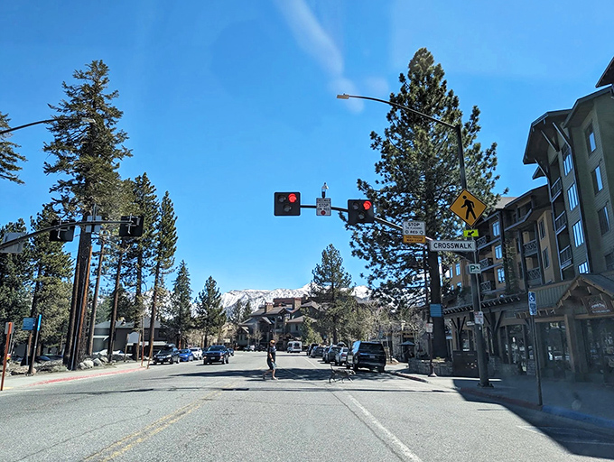 Snow-capped peaks watch over Mammoth Lakes' streets – where alpine architecture meets California cool.