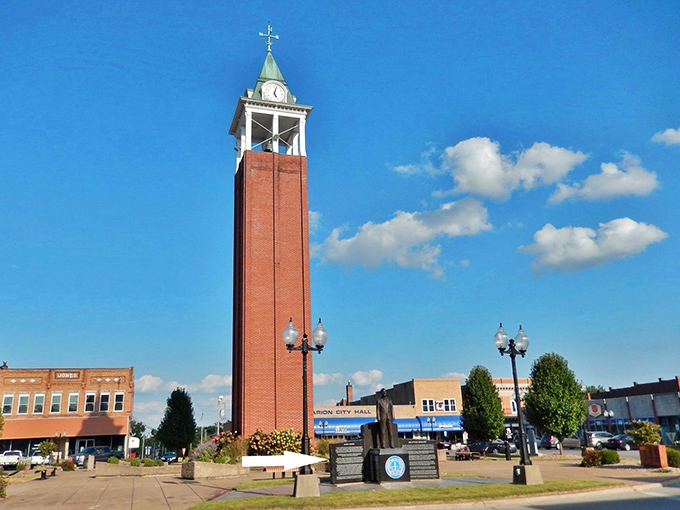 Marion's town square features a clock tower reaching skyward, marking both time and the heart of the community.