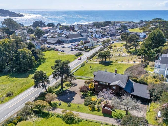 From above, Mendocino reveals its perfect setting between forest and dramatic coastline.