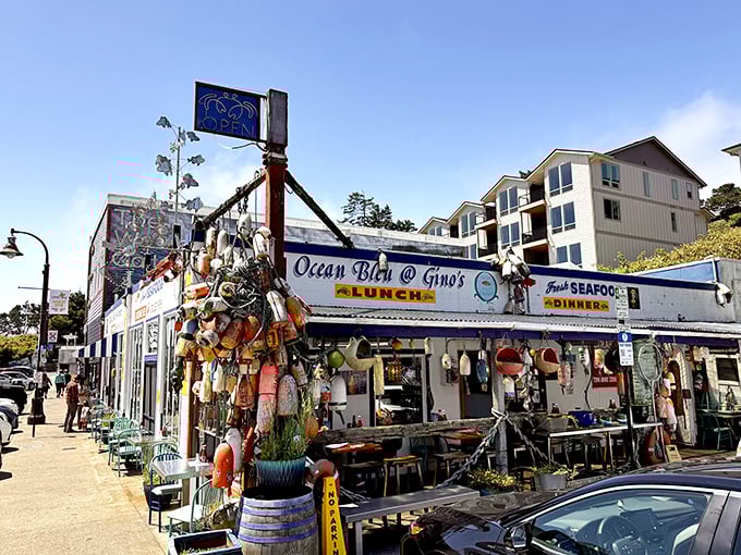 Those weathered buoys and nets aren't just decoration – they're badges of authenticity on Newport's working waterfront.