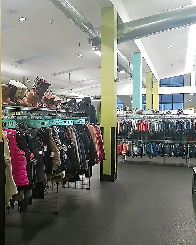 Inside Plato's, colorful columns frame an impressive array of gently-used fashion finds organized by size and style.