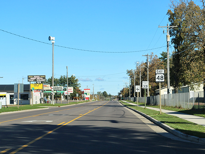 Bright skies and a quiet stretch of Highway 48—Rice Lake’s charm shines through in its easy pace and friendly roadside stops.