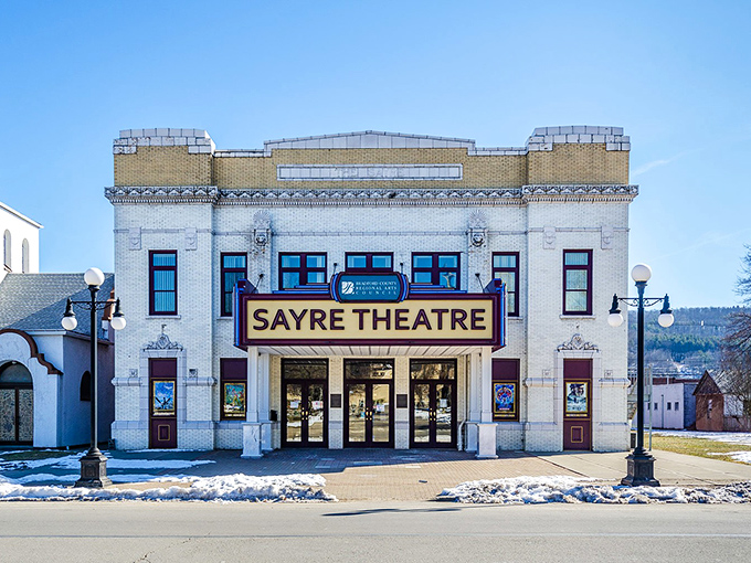 Winter’s touch adds a quiet dignity to the Sayre Theatre, a beacon of small-town culture standing proud through Pennsylvania’s seasons.