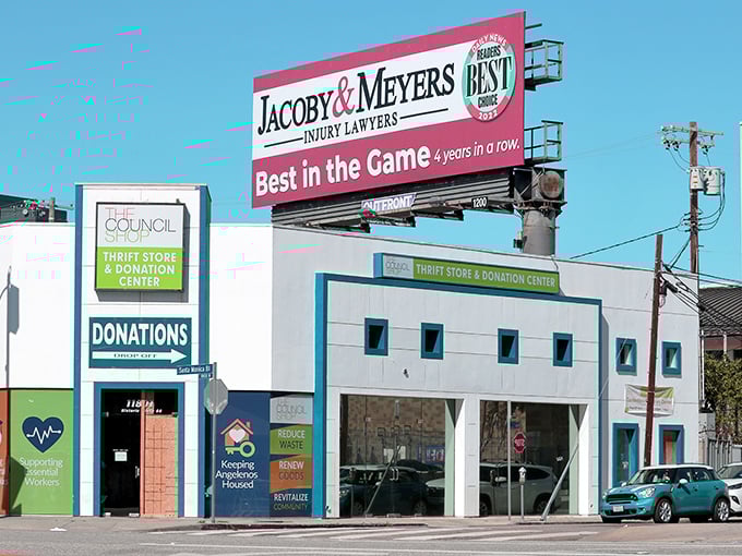 Bold colors and strong angles make this thrift store impossible to miss – much like the incredible bargains hiding just beyond those doors.