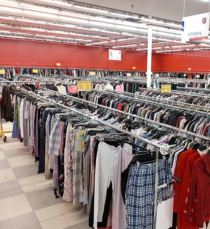 Rows upon rows of fashion finds await inside this unassuming building—each one a story waiting for a new chapter.