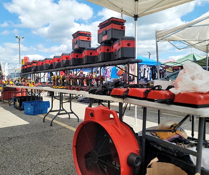 Red toolboxes stand at attention at Westland Flea Market—ready to march home with shoppers who appreciate second chances.