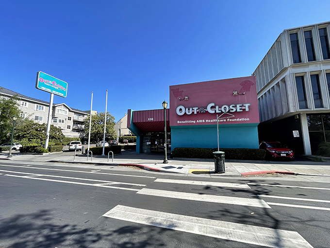 The unmistakable pink and blue façade of Out of the Closet in Oakland stands out like a beacon for bargain hunters and do-gooders alike.