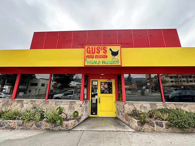 The red and yellow facade of Gus's isn't just eye-catching—it's a beacon of hope for fried chicken enthusiasts everywhere. That yellow door promises delicious secrets within.
