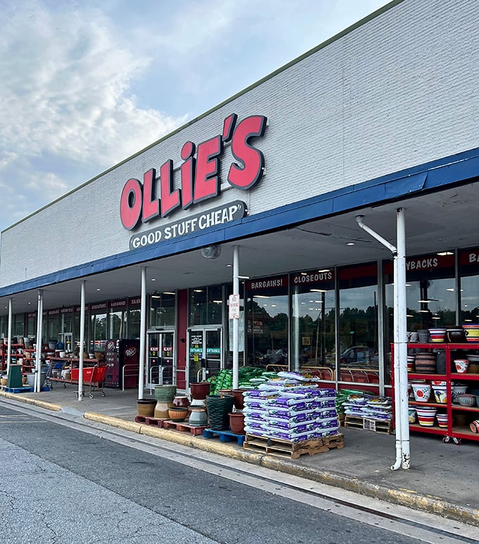 The iconic red Ollie's sign promises "Good Stuff Cheap" – a slogan that's less marketing hype and more mathematical certainty for Delaware bargain hunters.