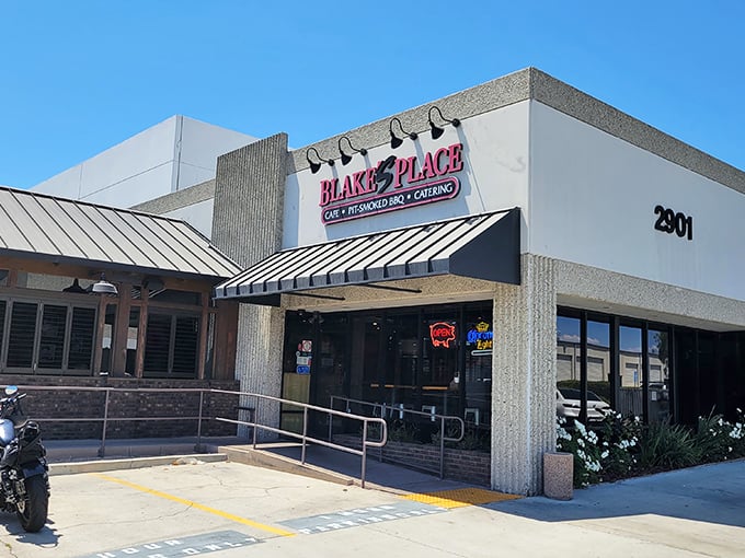 The unassuming exterior of Blake's Place in Anaheim – proof that the best BBQ joints often hide in plain sight, like culinary Clark Kents waiting to reveal their superpowers.