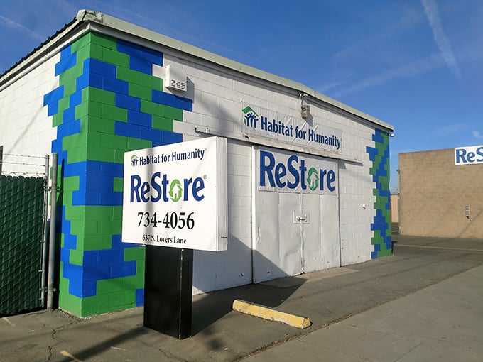 The distinctive blue and green blocks on this white building aren't just decorative—they're a beacon for bargain hunters throughout California's Central Valley.