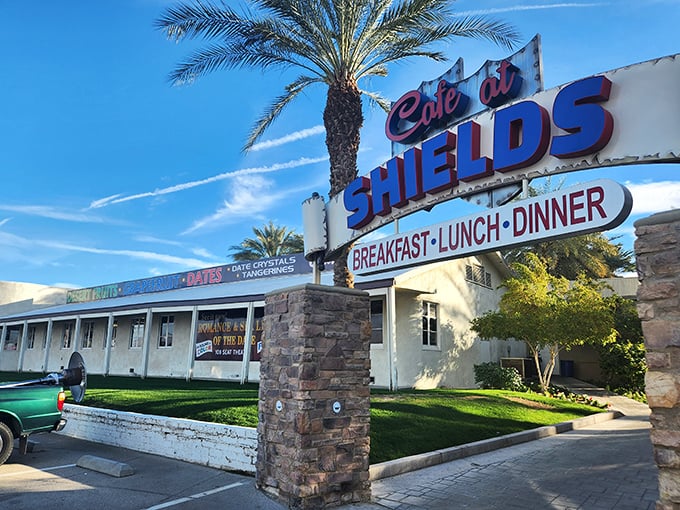 The iconic Shields Date Garden welcomes visitors with its vintage charm and towering palm trees—a true desert oasis where culinary magic happens.