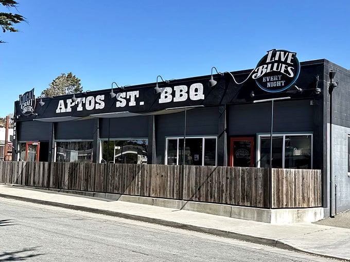The unassuming gray exterior of Aptos St. BBQ proves once again that the best barbecue joints often hide in plain sight, like culinary speakeasies for meat lovers.