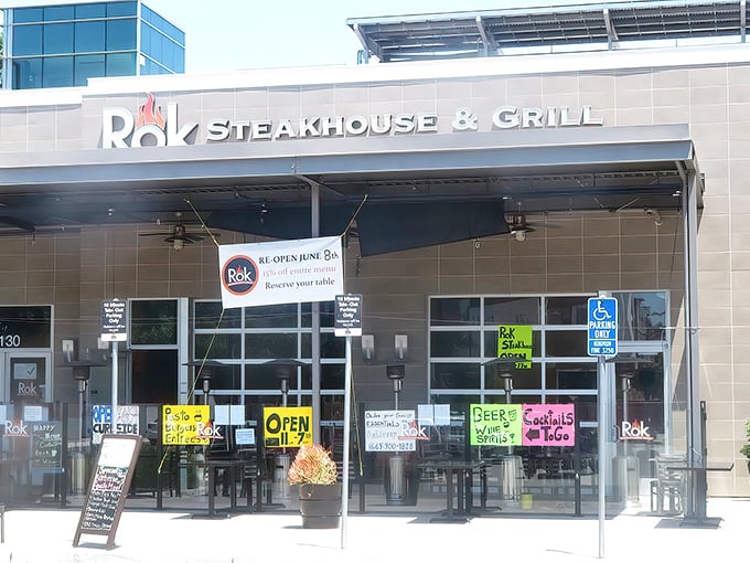 The modern exterior of Rok Steakhouse & Grill beckons hungry travelers with promises of sizzling volcanic adventures within.