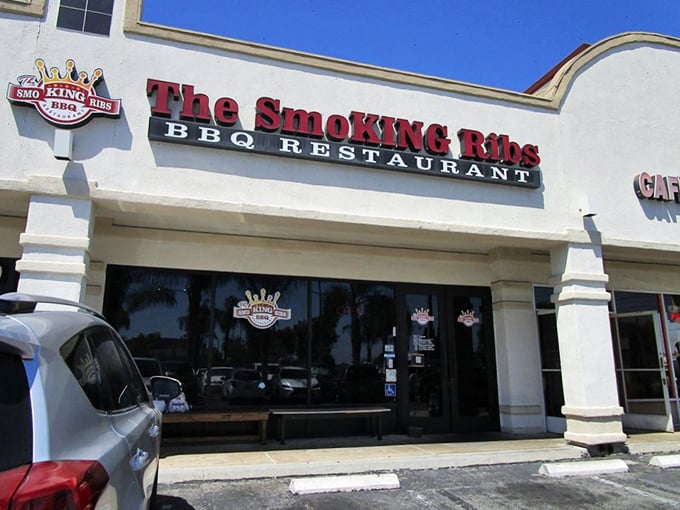 The unassuming storefront of The Smoking Ribs beckons from its Garden Grove strip mall home, proving that extraordinary barbecue often hides in ordinary places.