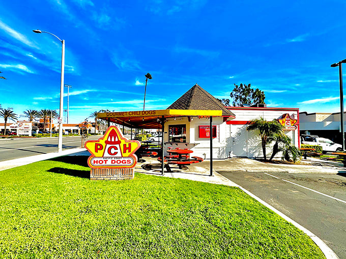 Where classic meets California—PCH's iconic yellow sign promises roadside salvation in hot dog form. Palm trees and blue skies included at no extra charge.