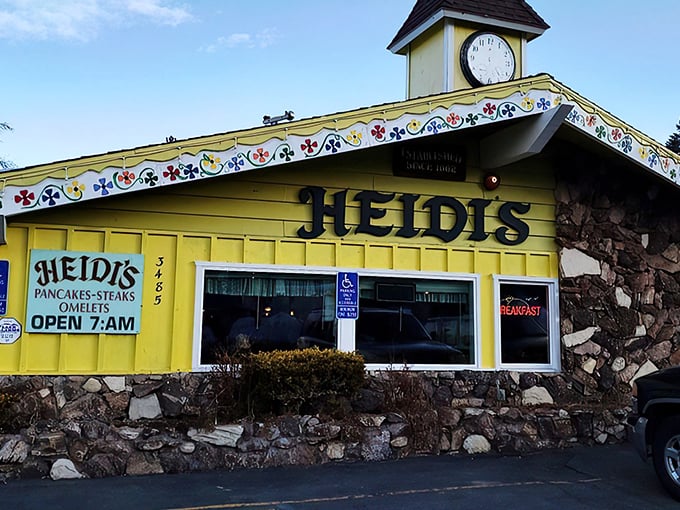 The cheerful yellow Alpine chalet with its distinctive clock tower stands out like a slice of Switzerland transported to South Lake Tahoe.