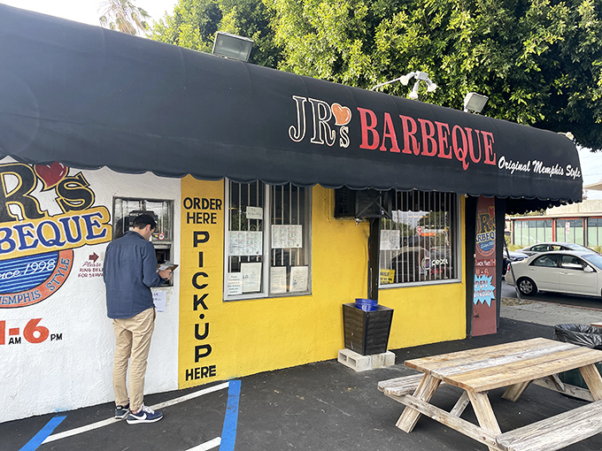 The bright yellow exterior of JR's screams "stop your car immediately!" – Memphis-style BBQ hiding in plain sight on a Culver City corner.