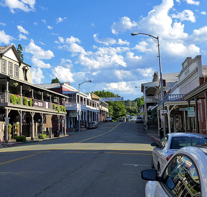 Main Street Sutter Creek looks like a movie set, but those historic balconies and facades are the real deal—Gold Rush architecture preserved in its picture-perfect glory.