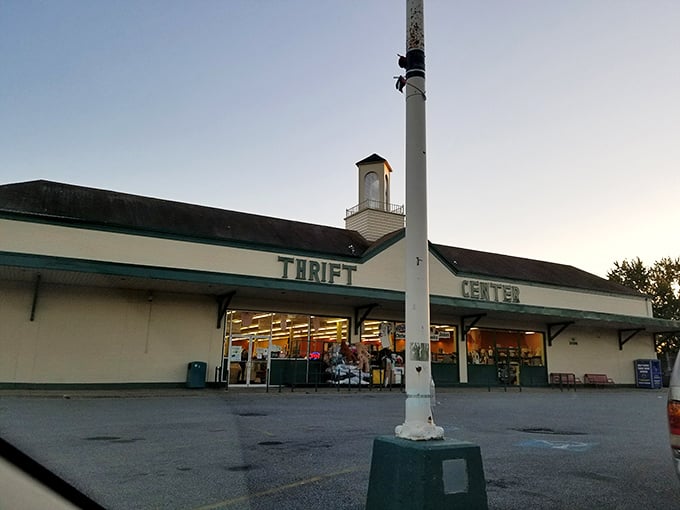 The iconic clock tower atop Prime Thrift's classic storefront beckons bargain hunters like a lighthouse for the frugally fashionable.