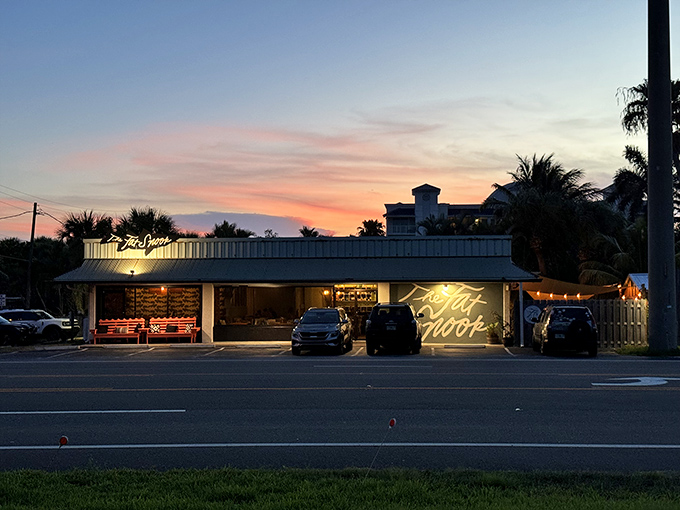 The Fat Snook at sunset is pure Florida magic – a humble exterior that belies the culinary treasures waiting inside. Like finding a pearl in an unassuming oyster.