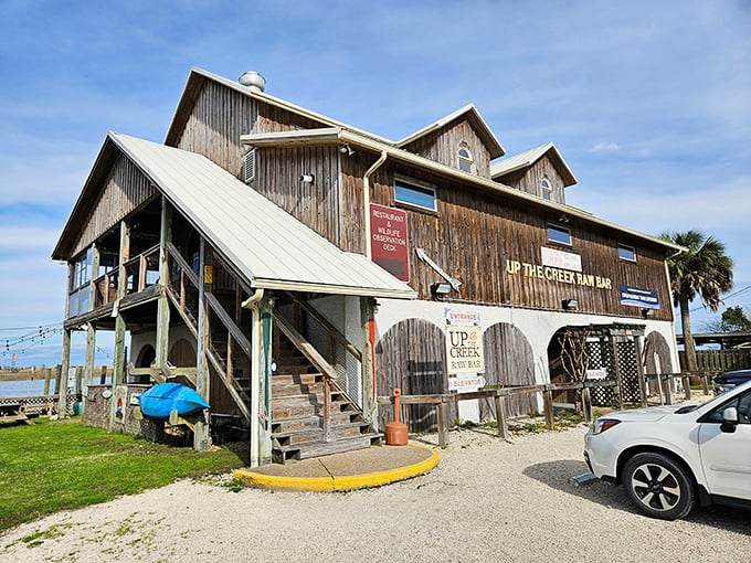 A rustic stairway leads to seafood nirvana – this isn't some fancy yacht club entrance, it's the gateway to some of Florida's finest oceanic treasures.