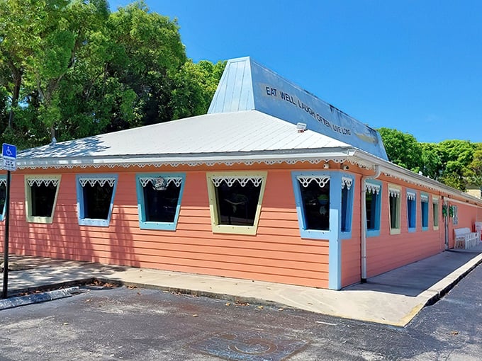 The coral-colored exterior of Mrs. Mac's Kitchen stands out like a cheerful greeting card against the Florida Keys sky. "Eat Well, Laugh Often, Live Long" indeed!