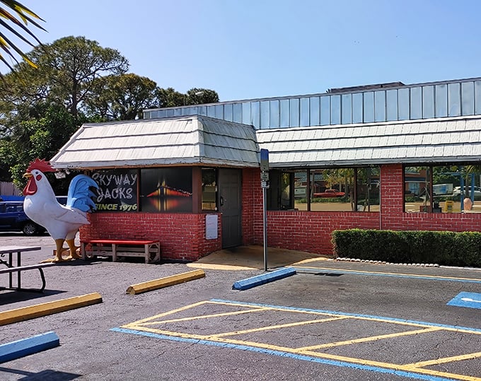 Perched outside Skyway Jack’s, the giant chicken statue plays the part of a seasoned greeter—equal parts mascot, landmark, and feathered bouncer.