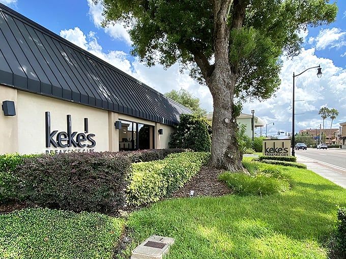 The unassuming exterior of KeKe's Café hides a breakfast paradise within. Like finding a treasure map where X marks the pancake spot.