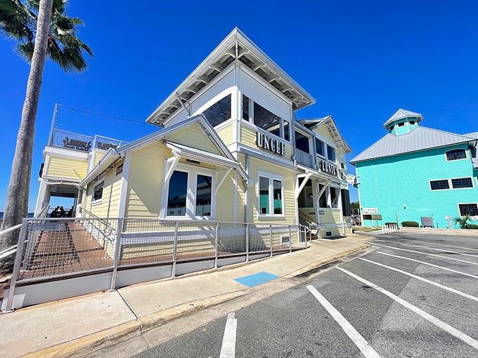 That cheerful yellow exterior isn't just a building—it's a beacon of culinary promise standing proudly against Florida's blue sky.