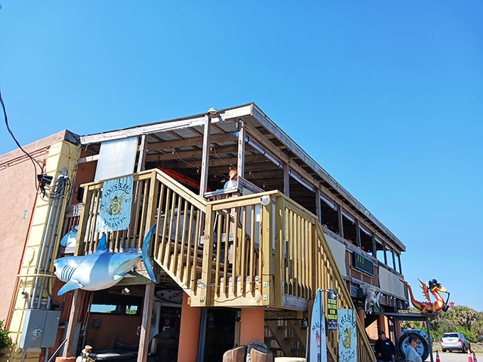 Where beach vibes meet roadhouse charm – complete with a shark greeting you at the entrance. Florida's idea of a formal welcome committee.