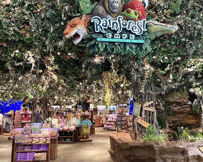 The entrance to Rainforest Cafe isn't subtle—it's like Mother Nature and Walt Disney had a business meeting and decided to go all in.