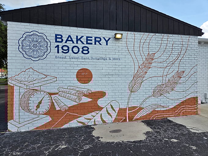 The striking mural on Bakery 1908's exterior tells you everything you need to know—bread, buns, and dumplings await inside this Orlando gem.