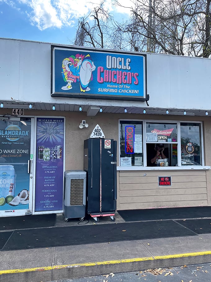 Uncle Chicken's sign proudly proclaims it's the "Home of the Surfing Chicken" – because in Florida, even the poultry knows how to hang ten.